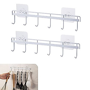 2 Pack Adhesive Wall Hooks Rack Kitchen Rail, Space Saving Heavy Duty Hanger with 6 for Bathroom Bedroom Closet, Utensil Hanging Knives, Spoon, Towel (White), 32x6x2.5cm/12.6 x2.36 x1inch