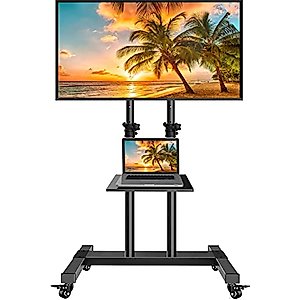 Mobile TV Stand with Wheels for 32 to 70 Inch Flat/Curved Panel Screen TVs Tilting TV Cart Height Adjustable Max VESA 600x400mm Extra Tall Rolling Floor Stand w/Shelf Supports TV up to 99lbs PGTVMC03