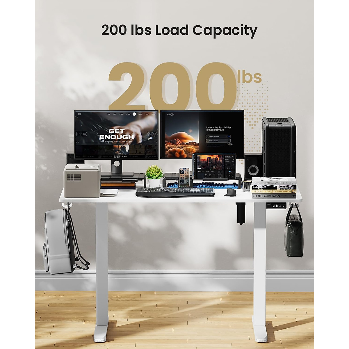 ProtoArc Standing Desk with Dual Monitor Stand Riser, 48 x 24 Inches Height Adjustable Desk with Storage, Electric Stand up Desk with Laptop Stand (Black/White)