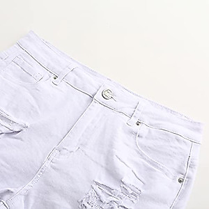 THUNDER STAR Women Mid Rise Ripped Stretchy Jeans Shorts Frayed Raw Hem Casual Denim Shorts White1# M