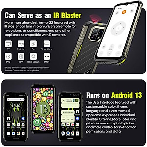 Ulefone Armor 22 (16+128GB) Rugged Smartphone, 64MP Night Vision Camera + 64MP Wide-Angle Camera, Android 13 Unlocked Cell Phone, 6.58 FHD+, 120Hz, 6600mAh, IR Blaster, NFC 4G Dual Sim- All Black