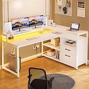 SEDETA White Computer Desk with Drawers, 55" Home Office Desk with File Drawer and Storage Shelves, L Shaped Gaming Desk with LED Lights and Monitor Shelf