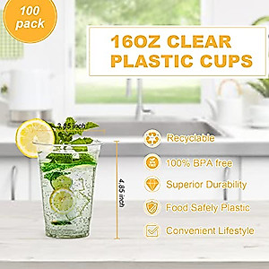 TashiBox 100 Count - 16 Ounce Plastic Cups, Ice Coffee Cups To Go - Crystal Clear PET Party Cups