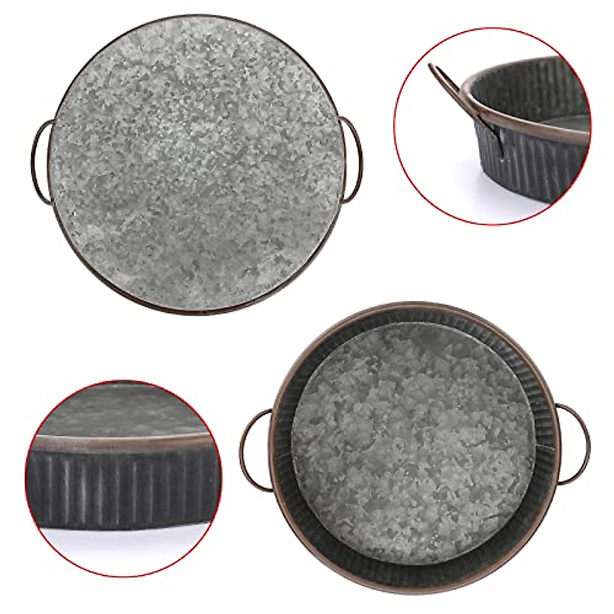 Hipiwe Galvanized Metal Iron Tray with Handles Farmhouse Rustic Decorative Tray Industrial Style Serving Tray Round Galvanized Tray for Coffee Table, Home Decor (Set of 2)