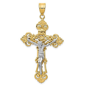 Solid 14k Yellow and White Gold Two Tone INRI Fleur De Lis Cross Pendant Crucifix Charm - 57mm x 31mm