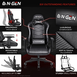N-GEN Gaming Chair Computer Ergonomic Office Adjustable Lumbar Support Racing Style High Back Desk Headrest Swivel Executive E-Sports Video Game PC Leather Height Reclining (1. Black)