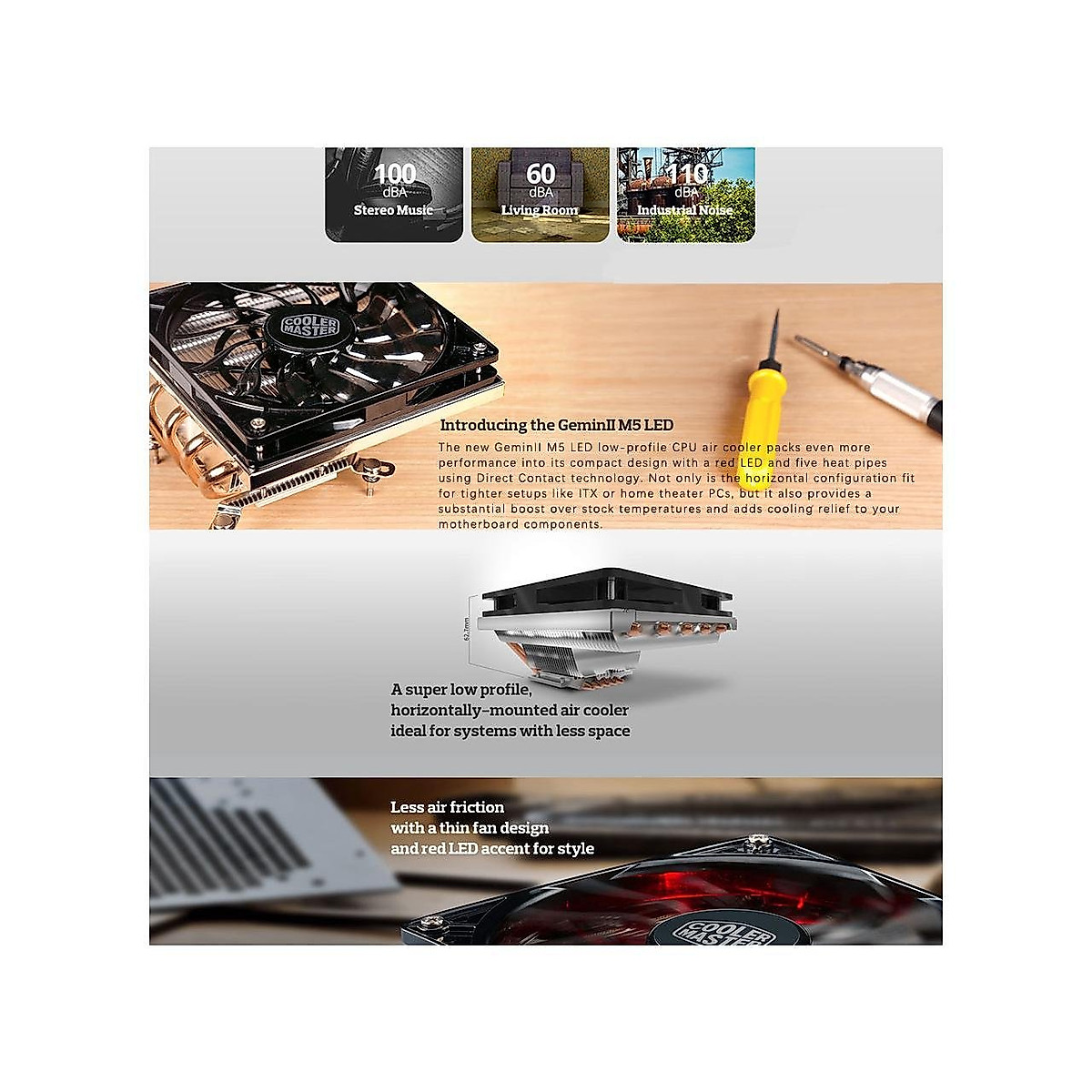 Cooler Master GeminII M5 LED - 2U Low Profile CPU Cooler with 5 Direct Contact Heatpipes & XtraFlo 120 Slim Fire Red LED PWM Cooling Fan for Intel AMD RR-T520-16PK (GeminII M5)