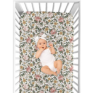 Sweet Jojo Designs Boho Floral Girl Jersey Stretch Knit Baby Fitted Crib Sheet for Soft Toddler Bed Nursery - Blush Pink, Yellow, Green, White Vintage Shabby Chic Rose Flower Farmhouse