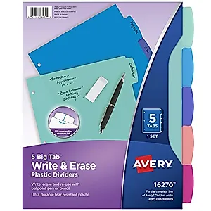 Avery Durable Plastic 5-Tab Write & Erase Big Tab Dividers for 3 Ring Binders, Pastel Brights (16270)