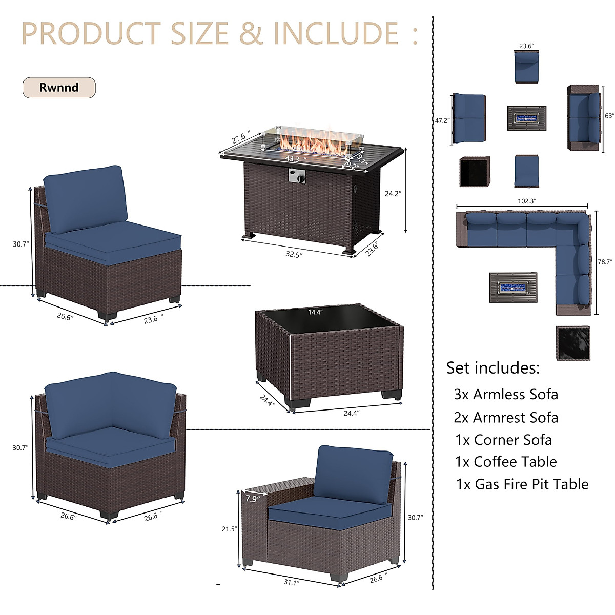 Rwnnad Patio Furniture Set Sofa 7-pcs Wicker Sectional Sofa Set with 55,000 BTU Gas Fireplace Table,Outdoor Furniture Rattan Sets with Tempered Glass Coffee Table