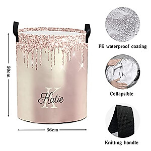 MakeUnique Gold Rose Glitter Drop Personalized Laundry Baskets with Name Waterproof Clothes Laundry Hampers Bathroom Toy and Sundries Collection Storage Bin with Handles, 19.69inch(H)x14.17inch(D)