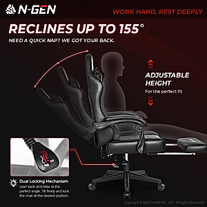 N-GEN Gaming Chair with Footrest Levelled Seat PU Leather Adjustable Ergonomic Lumbar Support High Back Office Swivel Computer Desk Headrest E-Sports PC Gamer Height Reclining (3. Black)