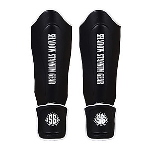 Shadow Stannum Gear Kickboxing Martial Arts Shin Guards - PU Leather Instep Protection Pads with Strong Closure Straps for MMA Martial Arts, Kicking, Sparring, Training (L/XL, White Black)