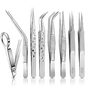 8 Pcs Tweezers Set Stainless Steel Tweezers Forceps with Magnifying Glass Straight Fine Point Forceps Curved Round Flat Tip Tweezers 9 Holes Straight Curved Tip Tweezers for Beauty Craft (Simple)