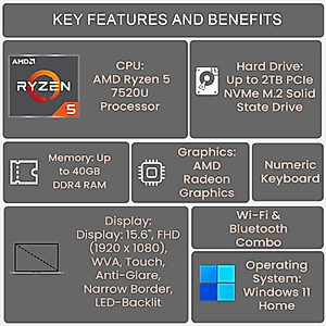 Dell Inspiron 3000 Series 3535 Laptop, 15.6" FHD Touchsreen, AMD Ryzen 5 7530U, 40GB RAM, 2TB SSD, Webcam, HDMI, Wi-Fi, Windows 11 Home, Black