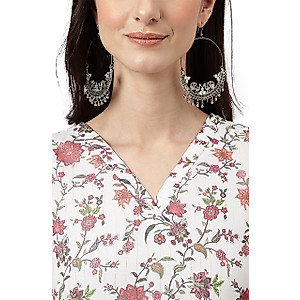 Janasya Indian Women's White Chiffon Lurex Floral Printed flared Kurta