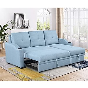 Merax 80.3'' Reversible Sleeper Sectional Sofa Couch with Pull-Out Sleeper, Corner Sofa Bed with Storage Chaise and Two Cup-Holders for Living Room Furniture Set (Blue)