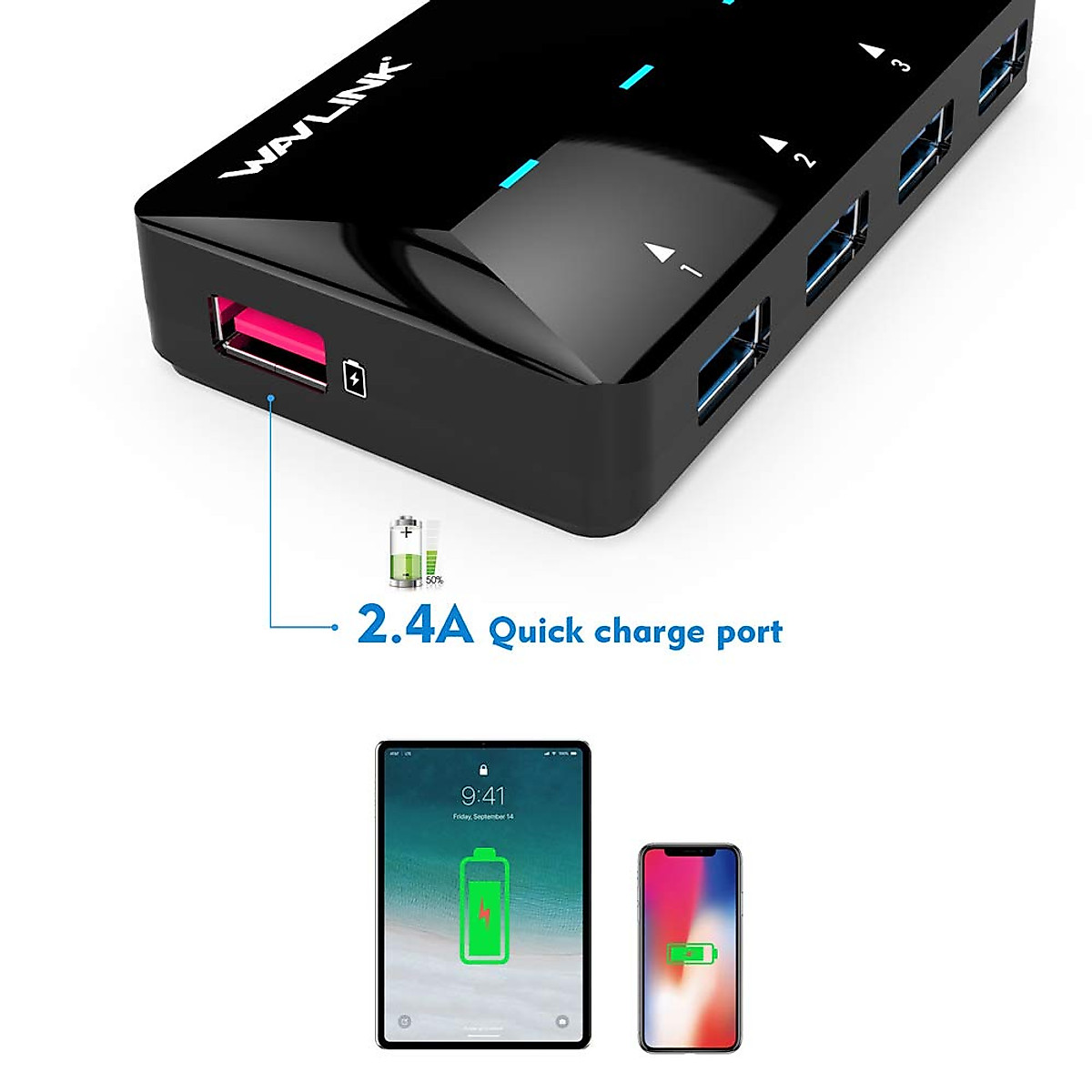 USB Powered Charging Hub,Wavlink USB Hub with 4 USB 3.0 Data Ports and 1 USB Smart Charging Port up to 2.4A,12V/2A Power Adapter, USB Splitter Support for Laptop,PC,Mac,Windows