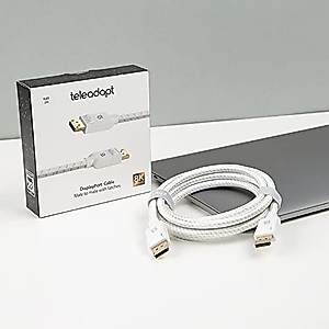 Teleadapt DisplayPort 1.4 Cotton-Braided Cable, 8K@60Hz, 5K@60Hz 4K@120Hz and HDR Support. Suitable for Laptop, PC, Projector, TV, Gaming Monitor. Black, 6.6ft (2 Metres) White