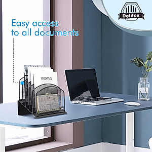 Delifox Inclined Desk File Organizer, 5-Section Vertical File Folder Holder Mail Sorter Stand Up Metal Rack for Office Classroom Desktop Organization