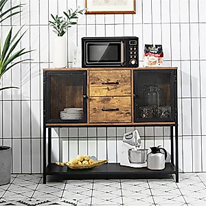 YDXNY Industrial Buffet Sideboard Kitchen Cabinet with Metal Mesh Doors and 2 Drawers