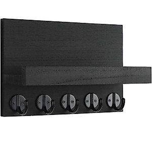 Lwenki Key Holder Wall Mount - 9.8" x 6.7" x 4.2" Entryway Organizer with 5 Metal Hooks Holds Wallet, Sunglasses, Bags, Dog Leash - Real Paulownia Wood Decorative Key Hanger with Shelf (Black)