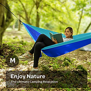 Durable Hammock 400 lb Capacity, Nylon Camping Hammock Chair - Double or Single Sizes w/Tree Straps and Attached Carry Bag - Portable for Travel/Backpacking/Beach/Backyard (Medium, Blue & Light Blue)