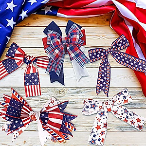 Whaline 8 Roll Independence Day Wired Edge Ribbon Patriotic Star Stripe USA Flag Burlap Ribbon 26 Yard Red Blue White Fabric Ribbon for 4th of July DIY Gift Wrapping Wreath Crafts Decor, 2.5 Inch