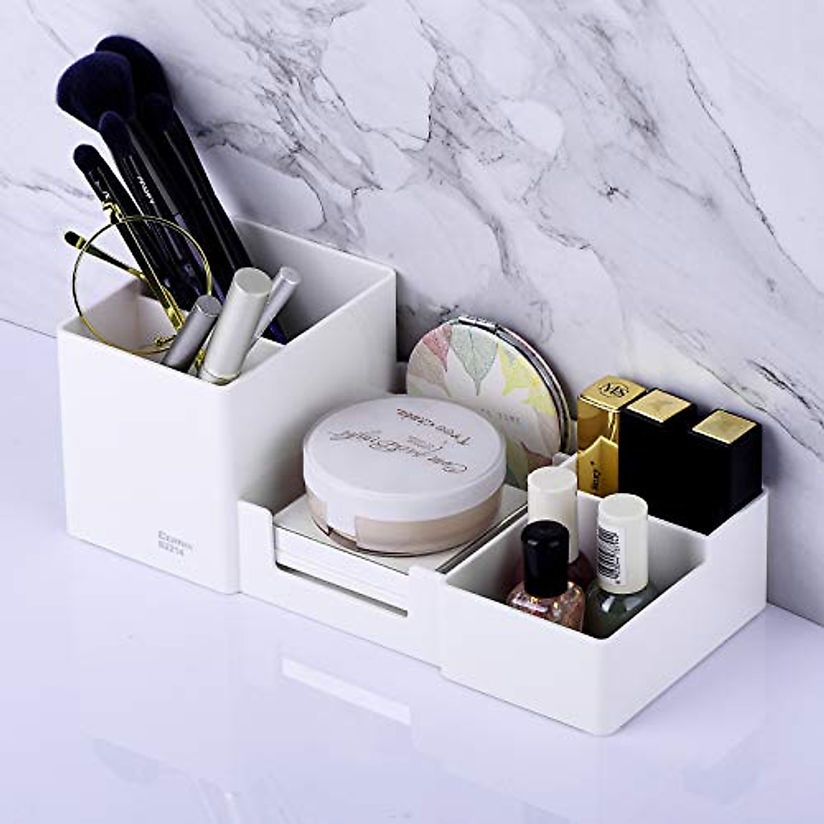 Comix Desk Organizer with Pen Holder Sticky Note Tray Paperclip Storage, Office Accessories Caddy, Office Stationery Supply Organizers, 6 Compartments Pencil Holder, White