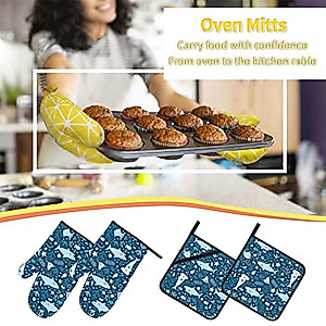 Cute Blue Fish Home Oven Gloves and Pot Holders 4-Piece Set for Kitchen Cooking and Baking High Heat Resistant Set