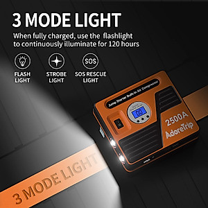 ADORETRIP Jump Starter with Air Compressor, 2500A 150PSI Car Battery Jump Starter (10.0L Gas/ 8.5LDiesel), 24000mAh 12V Jump Box Car Battery Jumper Starter Booster with Digital Display, 2 Lights