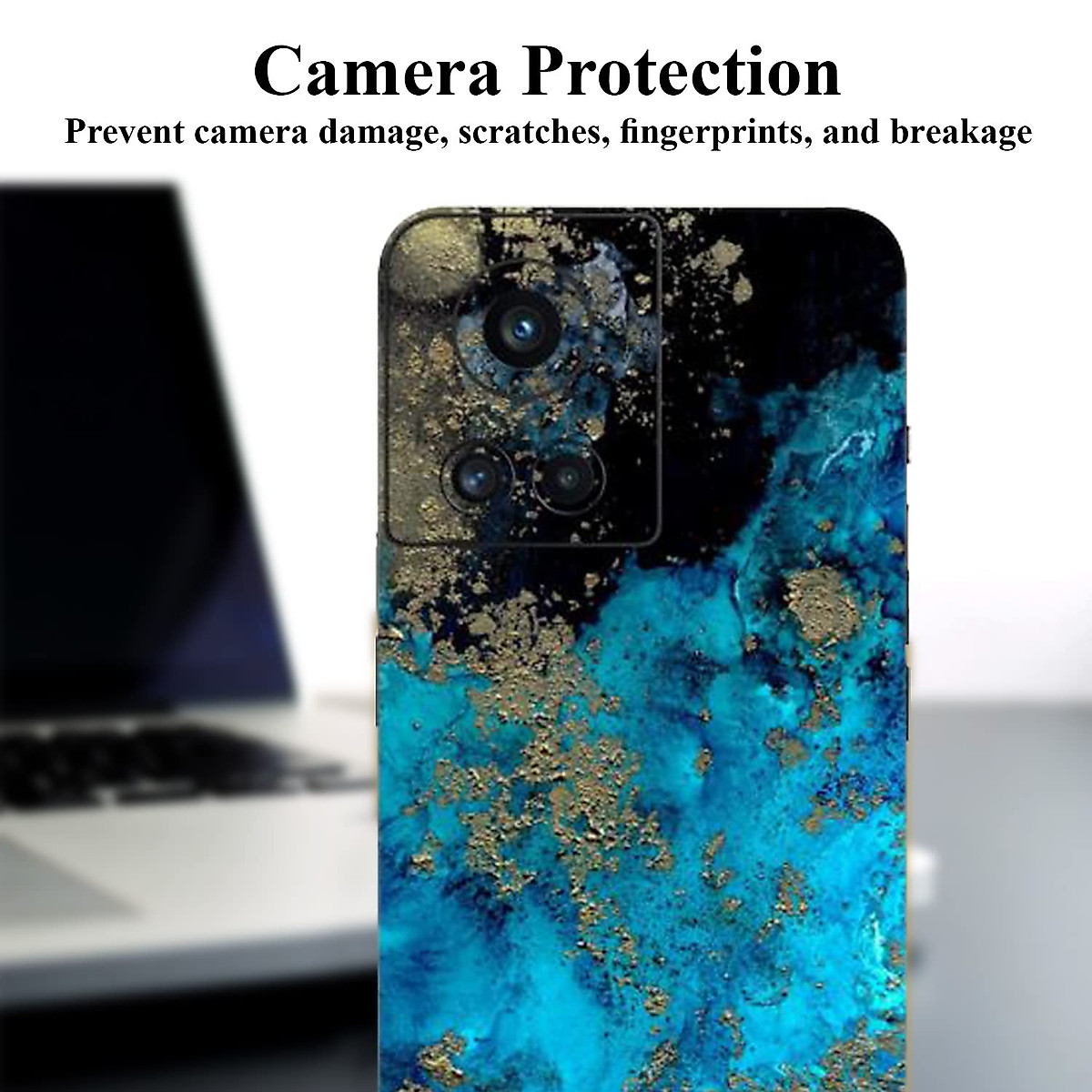 Gadget Gear Vinyl Skin Back Sticker Aqua Blue with Golden Streaks (83) Mobile Skin Compatible with Xiaomi Redmi Note 10 (Only Back Panel Coverage Sticker)