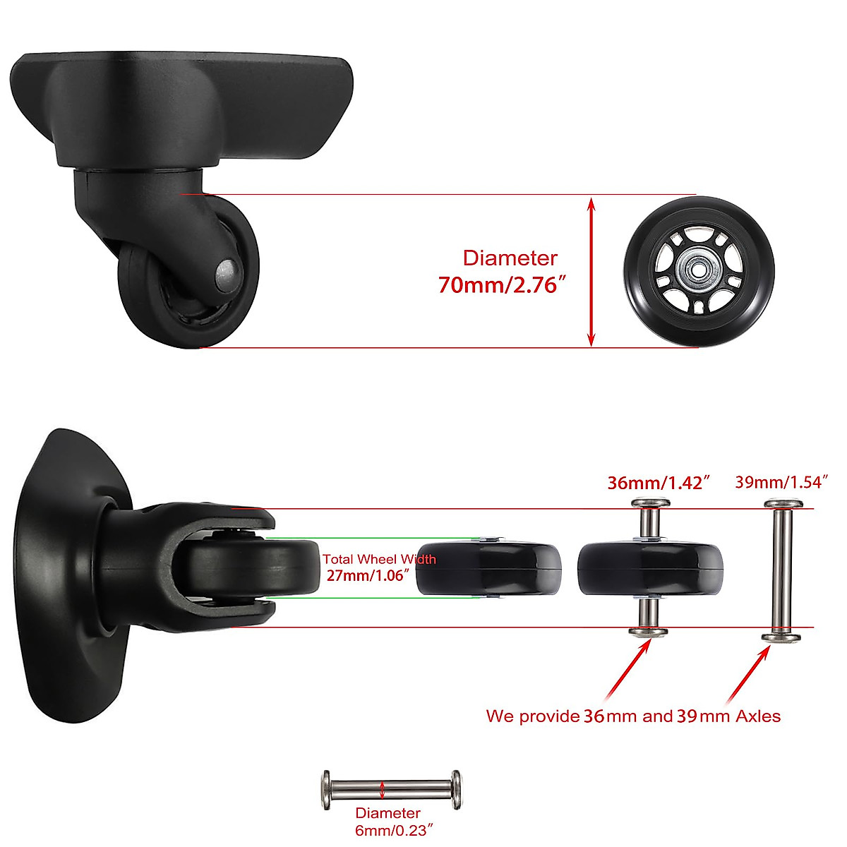 OwnMy 70mm x 24mm Luggage Suitcase Replacement Wheels, Rubber Swivel Caster Wheels Bearings Repair Kits, A Set of 2