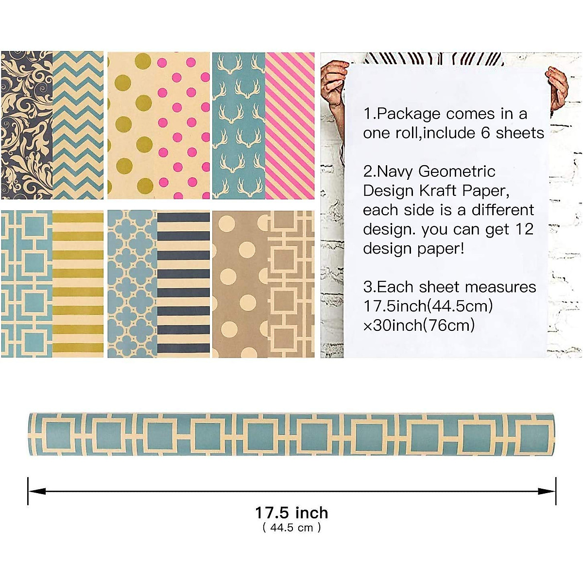 RUSPEPA Reversible Kraft Wrapping Paper Sheet - Navy Geometric Design Kraft Paper - 6 Sheets Packed as 1 roll - 17.5 x 30 inches per Sheet