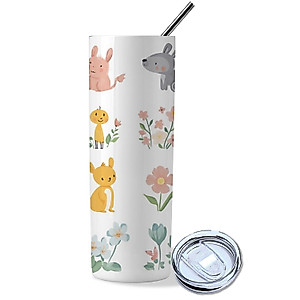 Tumbler with Lid and Straw Cute Cartoon Animals and Plants Thermos Coffee Travel Mug Cute Cups 20 oz Insulated Tumbler for Daily Holiday Decor Gift Coffee Cup