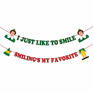 Funny Elf Christmas Decorations, Novelty Buddy The Elf Party Banner Decor Supplies, Holiday Hanging Sign for Fireplace Mantle Wall Decor, Christmas Party Photo Booth Backdrop - I Just Like to Smile