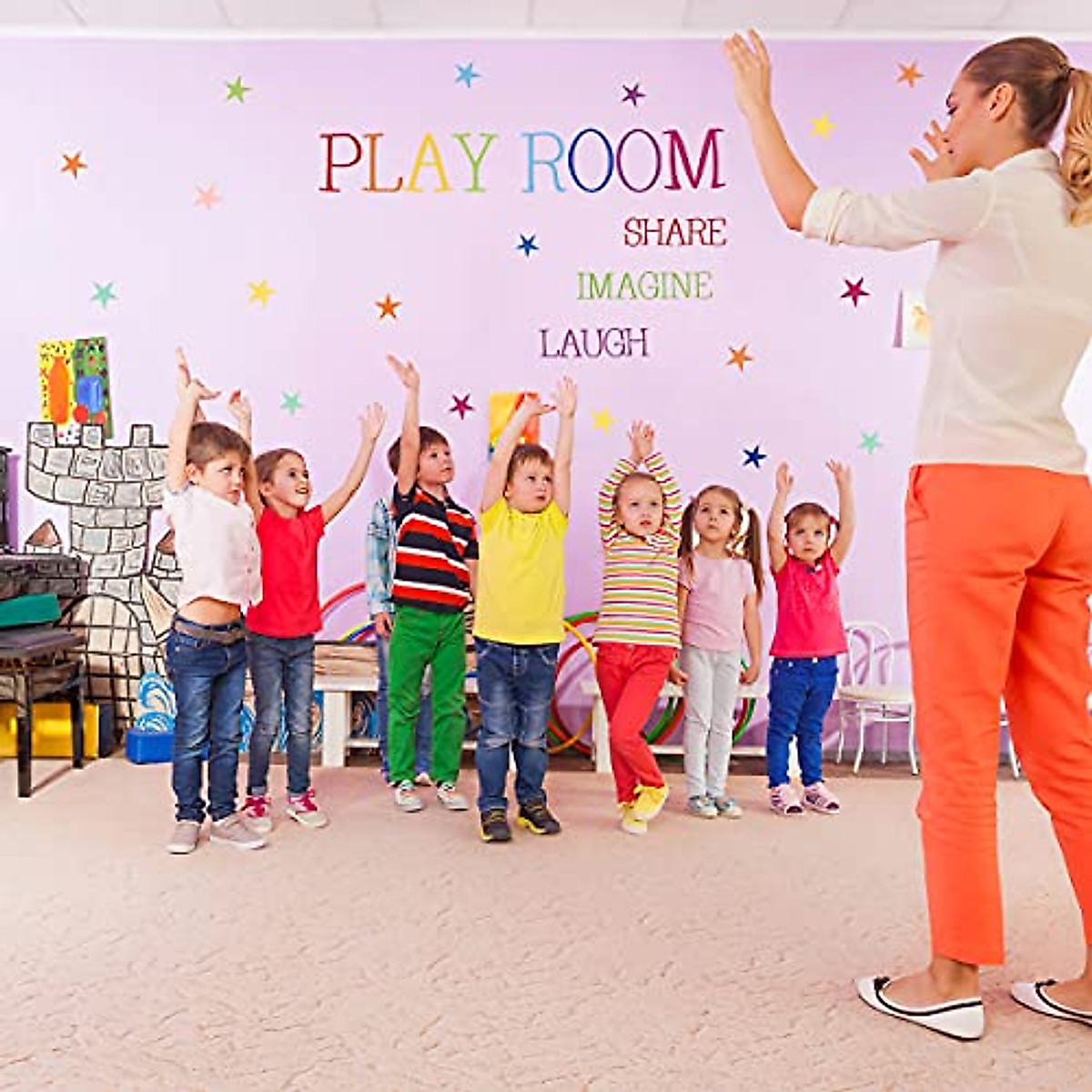 Playroom Wall Decor Kids Playroom Wall Decals Share Imagine Laugh DIY Wall Stickers for Nursery Playroom Decoration (Crazy Orange)