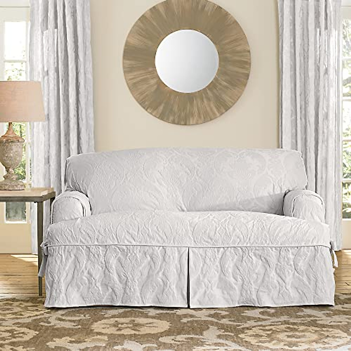 SureFit Matelassé Damask One Piece Loveseat Slipcover, Furniture Cover, Damask Pattern, Relaxed Fit, Machine Washable