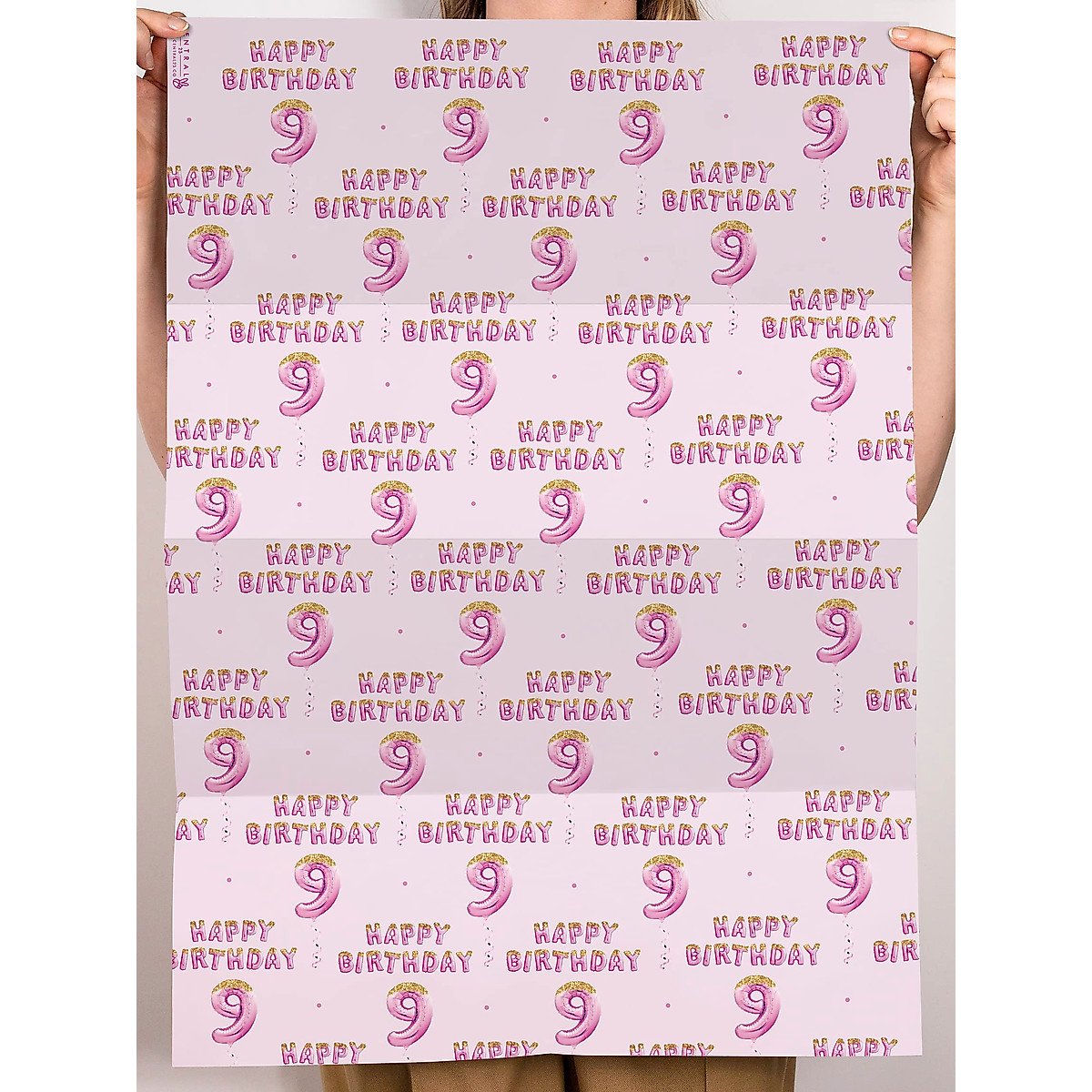 CENTRAL 23 Happy Birthday Wrapping Paper - 9 Year Old - 6 Sheets Pink Wrapping Paper - Girls Birthday Wrapping Paper - Comes With Stickers - Recyclable