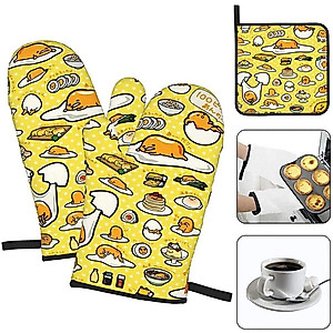 JKKL Gudetama Pattern，3pcs Oven Mitts and Pot Holders for Kitchen,Cooking,Baking,Grilling,BBQ