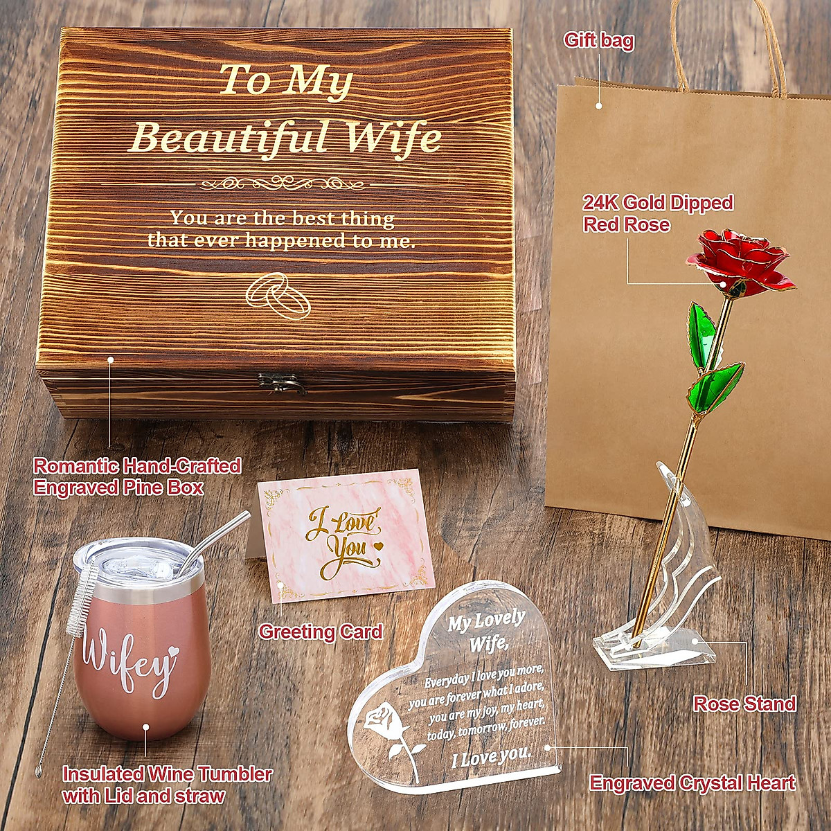 Anniversary Gi fts for Her| Wife, Wife Gift Set with Crystal Engraved Heart, 24K Gold Dipped Rose, Wine Tumbler, Wife Gifts for Anniversary & Birthday