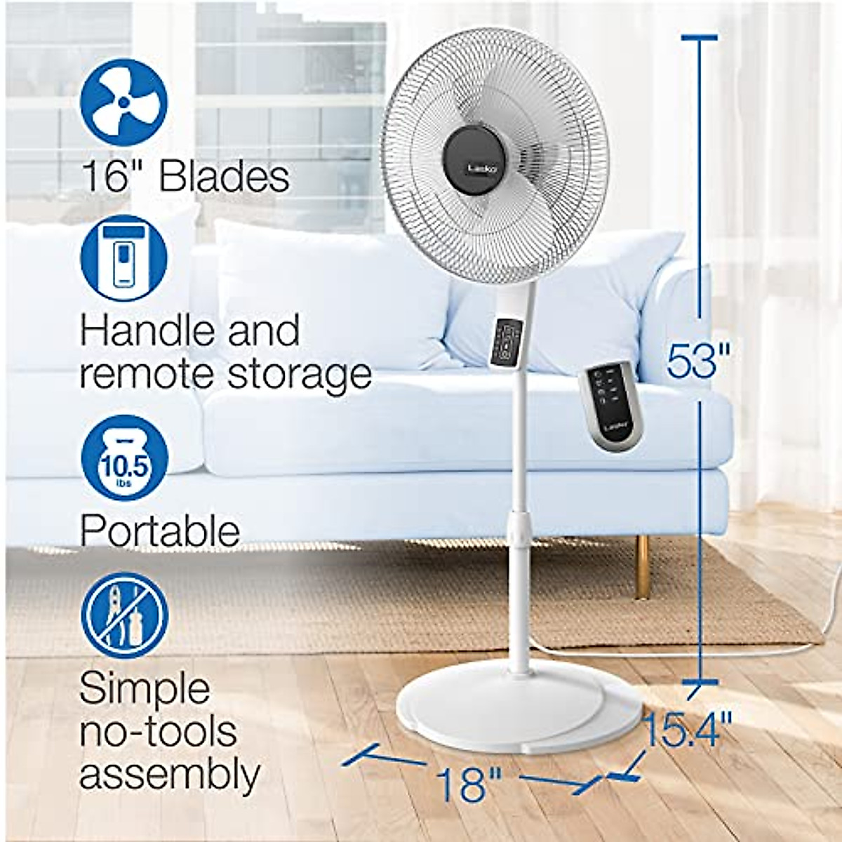 Lasko S16614 Oscillating 16″ Adjustable Pedestal Stand Fan with Timer, Thermostat and Remote for Indoor, Bedroom, Living Room, Home Office & College Dorm Use, 16 Inch, White