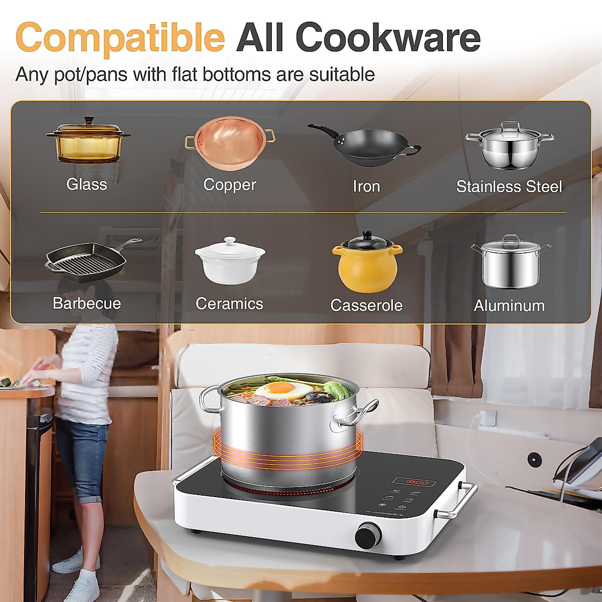 GIHETKUT Single Burner Electric Cooktop,1800W 110V Electric Stove Top with Knob Control, Portable Cooktop with 2 Handle,single burner electric stove with Double Ring Heating, 4 hours Timer