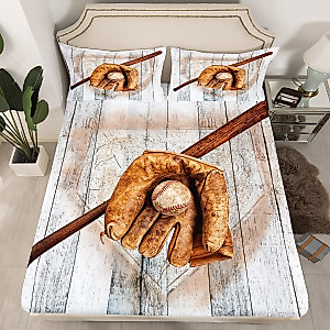 Baseball Kids Bedding Set Twin Size Rustic Farmhouse Wooden Board Fitted Sheet 2pcs Baseball Bat Vintage Deep Pocket Sheet for Boys Men Youth Room Decor Ball Sports Theme Bed Sheet,1 Pillowcase