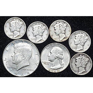 1900 PDS Era 90% Silver Coin Lot Kennedy Half, Washington Quarter, 5 Mercury Dimes 1/2 US Mint VG and Better