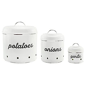 AuldHome Potatoes, Onions and Garlic Canister Set; Rustic White Enamelware Vegetable Storage Containers