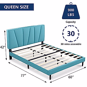 Molblly Queen Bed Frame Upholstered Platform with Headboard and Strong Wooden Slats, Strong Weight Capacity, Non-Slip and Noise-Free,No Box Spring Needed, Easy Assembly,Peacock Green