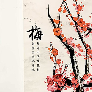 zhugege Plum Bossom Flower Painting,Wall Art for Living Room Bedroom,Chinese Traditional Meticulous Painting,Posters and Printing,Fixed Wooden Hanging Scroll (16”x32”) (16”x32”)