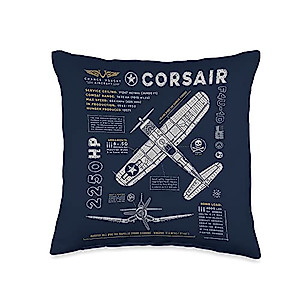 909 Apparel F4U Corsair | WW2 Fighter Plane | US WWII Warbird Vintage Throw Pillow, 16x16, Multicolor
