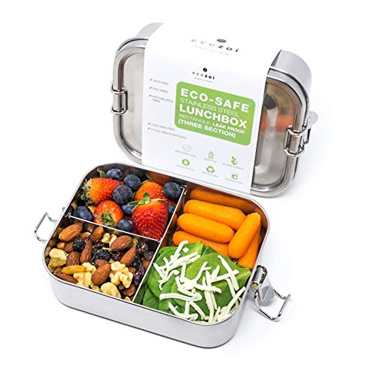 ecozoi Stainless Steel Lunch Box, Leak Proof Metal Bento Box with 3 Compartments, 35 Oz Bento Box, BPA Free Meal Prep Food Container | Bonus 50 ml Sauce Container